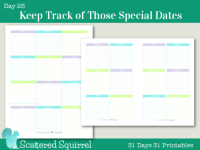 {Day 25} Special Dates Printables - Scattered Squirrel