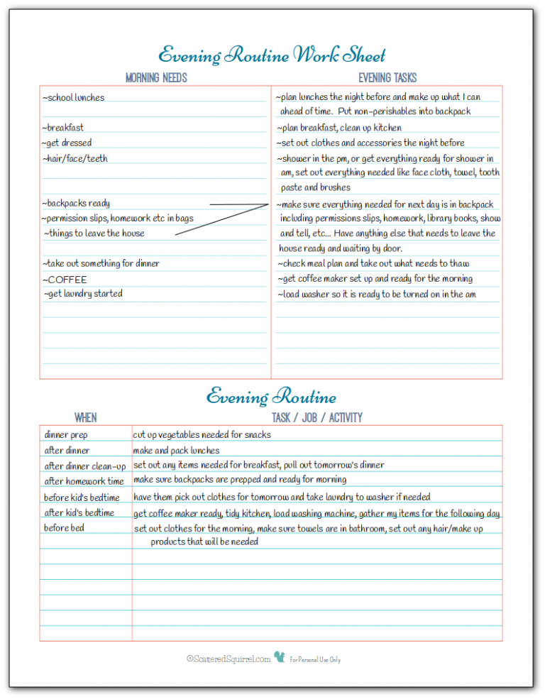 evening routine worksheet-example - Scattered Squirrel