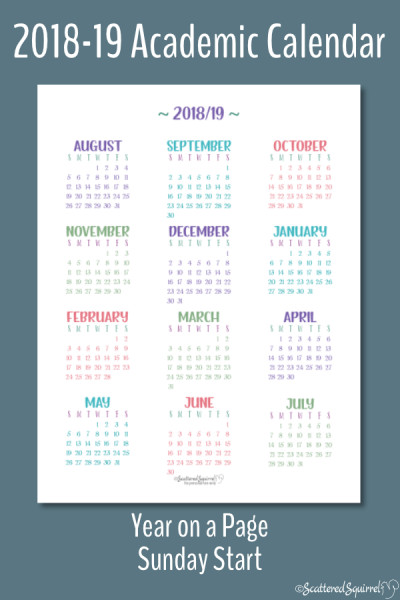 Academic and 2019 Year on a Page Calendar Printables - Scattered Squirrel