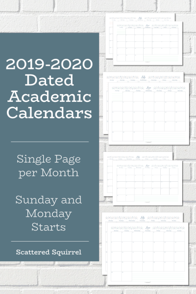 2019-2020 Single Page Monthly Academic Calendars - Scattered Squirrel