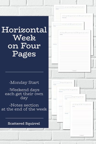New Horizontal Week on Four Pages Planner Printables - Scattered Squirrel