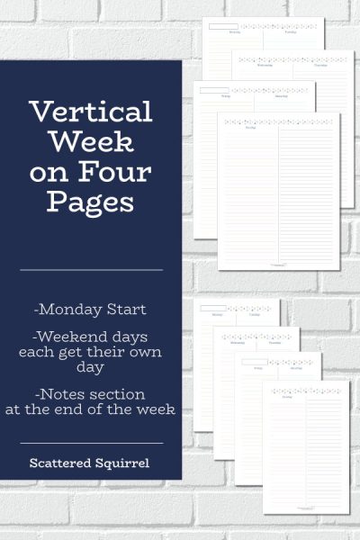 Vertical Week on Four Pages Printable Sets - Scattered Squirrel
