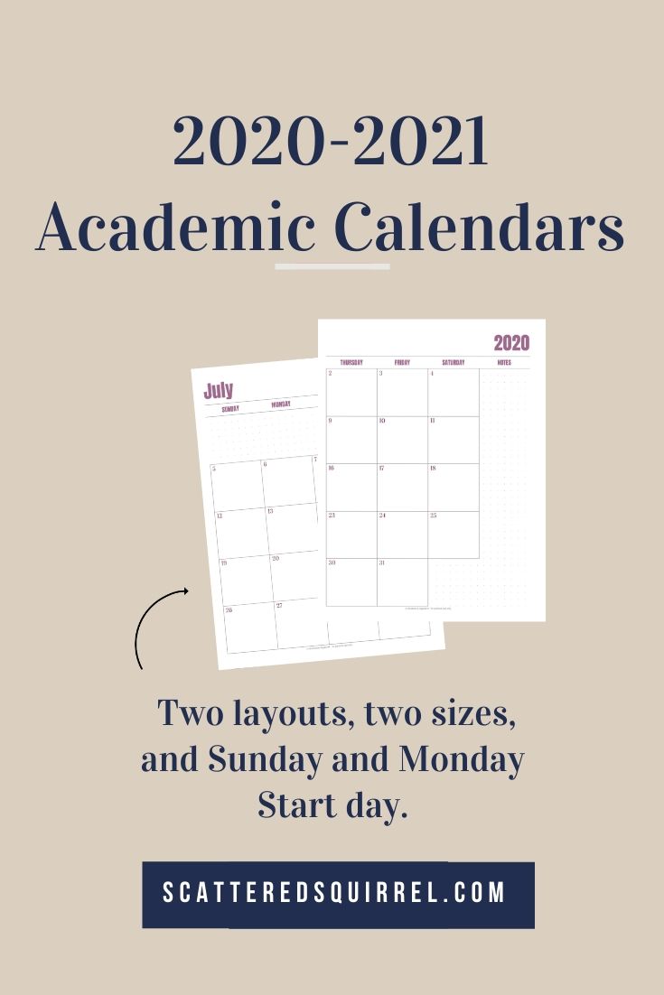 The 2020-2021 Academic Calendar Printables are Here! - Scattered Squirrel