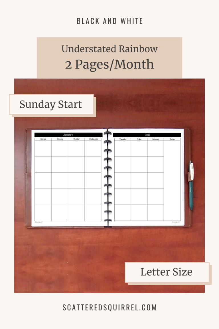 Undated Black and White Calendars Featuring Two Pages Per Month