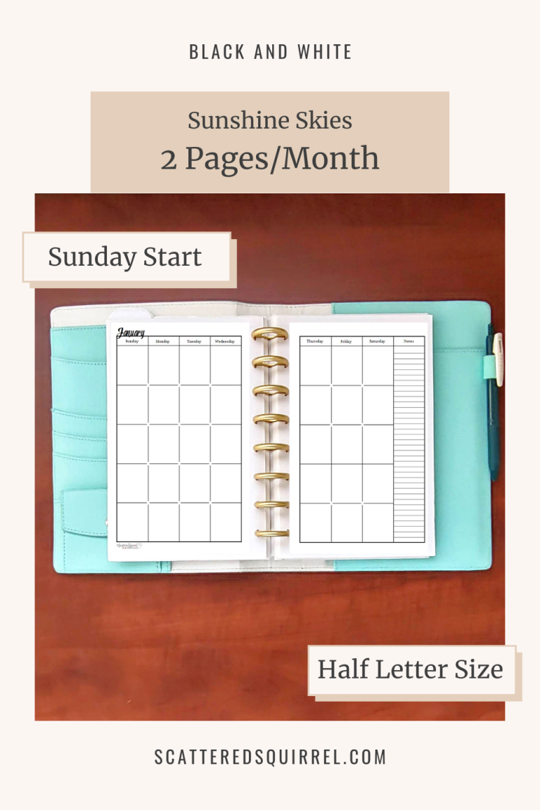 Undated Black and White Calendars Featuring Two Pages Per Month